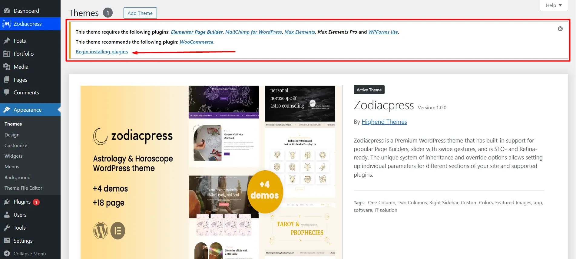 Installing required plugins - Highend Themes